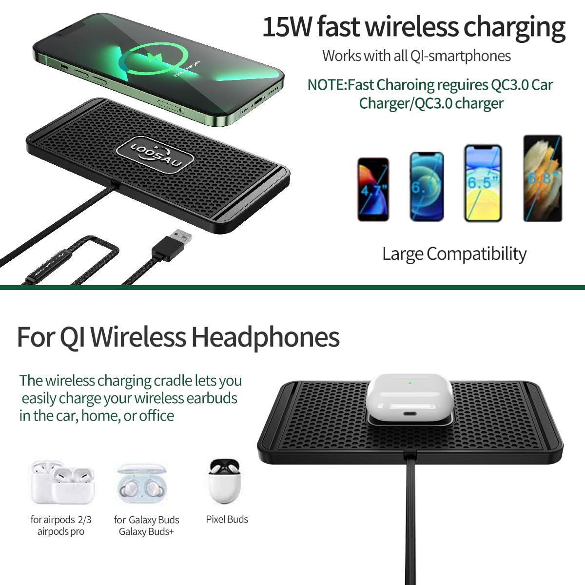 Wireless Charger,LOOSAU Wireless car Charger Charging pad 15w Non Slip FastCharger for car Wireless Phone Charger for Android for iPhone 11/12/13/14/15 Pro Max Xs,Samsung Galaxy S20, S10+ Note 9,LG