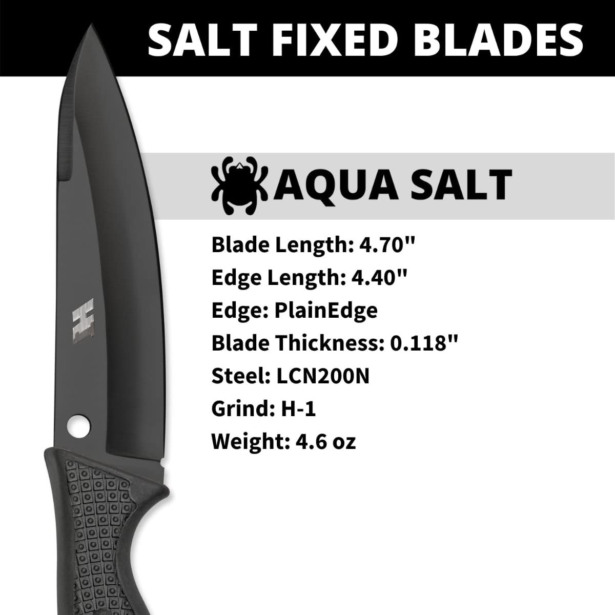 Spyderco Aqua Salt Fixed Blade Knife - Black FRN Handle with PlainEdge, Hollow Grind, H-1 Steel Blade - Includes Polymer Sheath - FB23PBBK