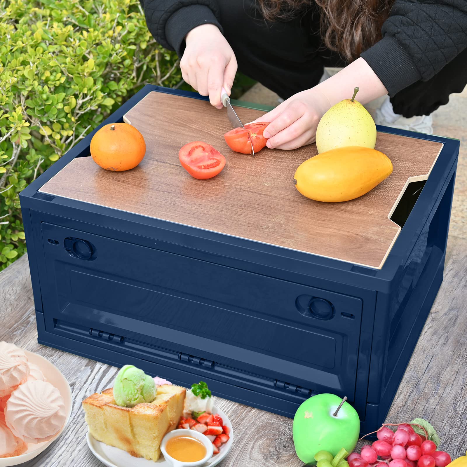 VOOVY Outdoor Camping Storage Case with Wooden Lid, Heavy Duty Folding Storage Box Large Foldable Plastic Storage Bins, for Outdoor Camping Picnic Indoor Home Room Closet(Navy Blue)