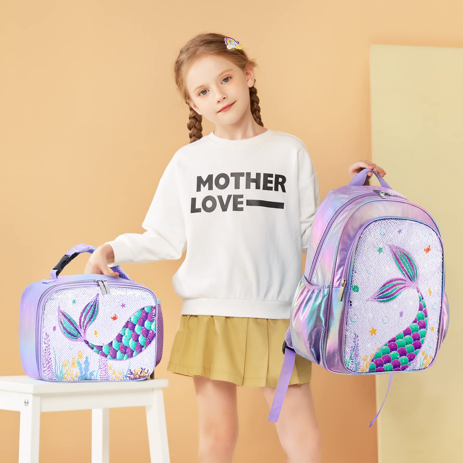 WAWSAM Mermaid Kids Backpack - Sparkly Sequins Backpack for Girls Purple School Bag Personalized 15” Backpack for School Elementary Travel Casual Book Bag for Christmas Birthday Back to School Gift