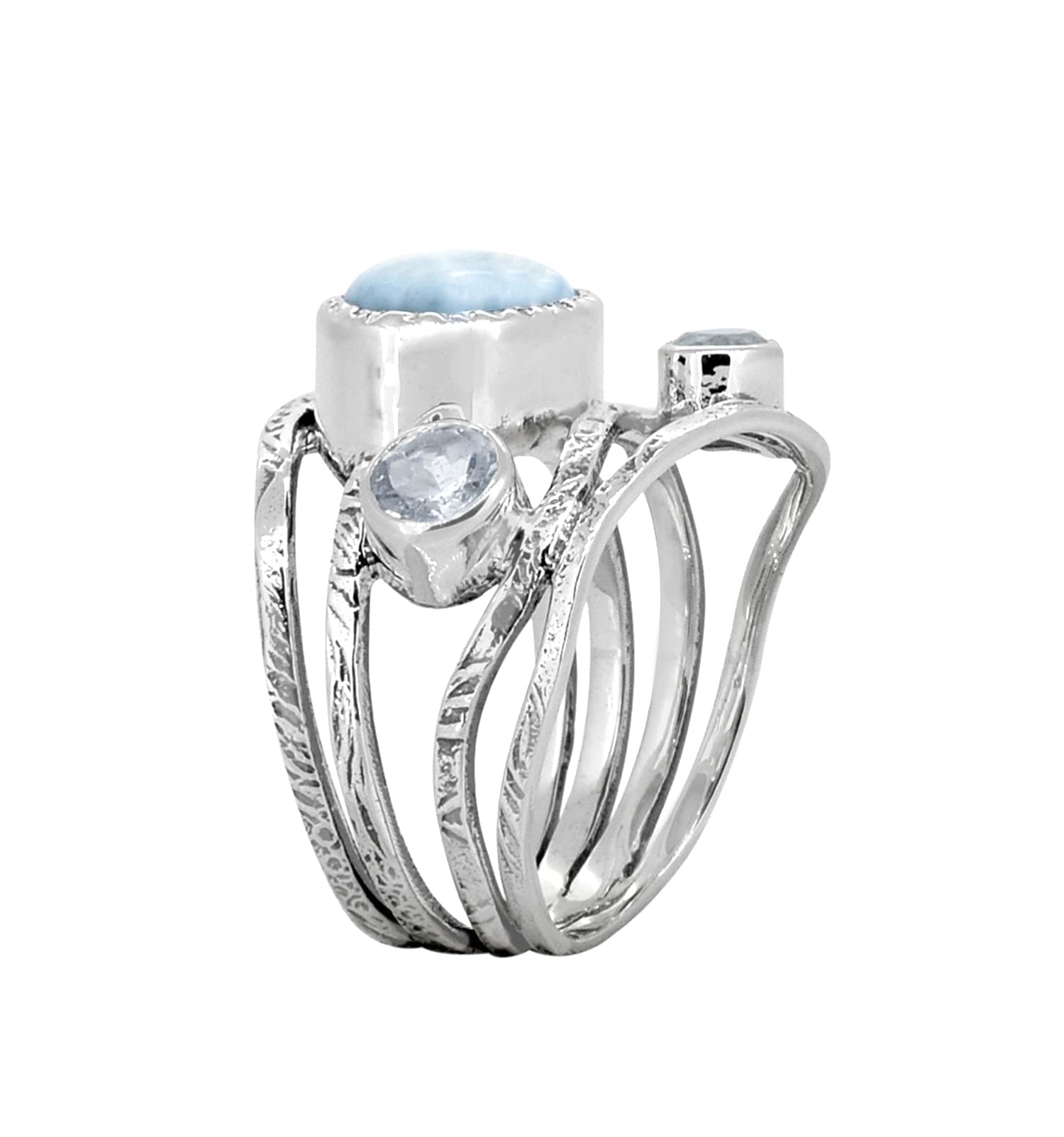 YoTreasure Natural Larimar Blue Topaz 925 Sterling Silver Antique Three Stone Bypass Ring