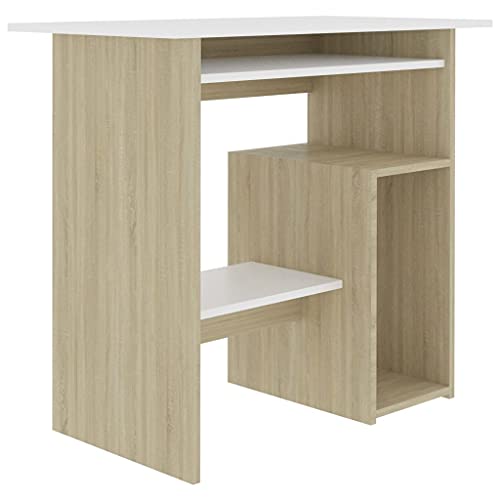ZQQLVOO Home Office Desk Study Writing Computer Desk with Keyboard Tray/Storage Shelves, Modern Simple Style PC Desk Laptop Study Table Workstation,White and Sonoma Oak 31.5"x17.7"x29.1" Chipboard