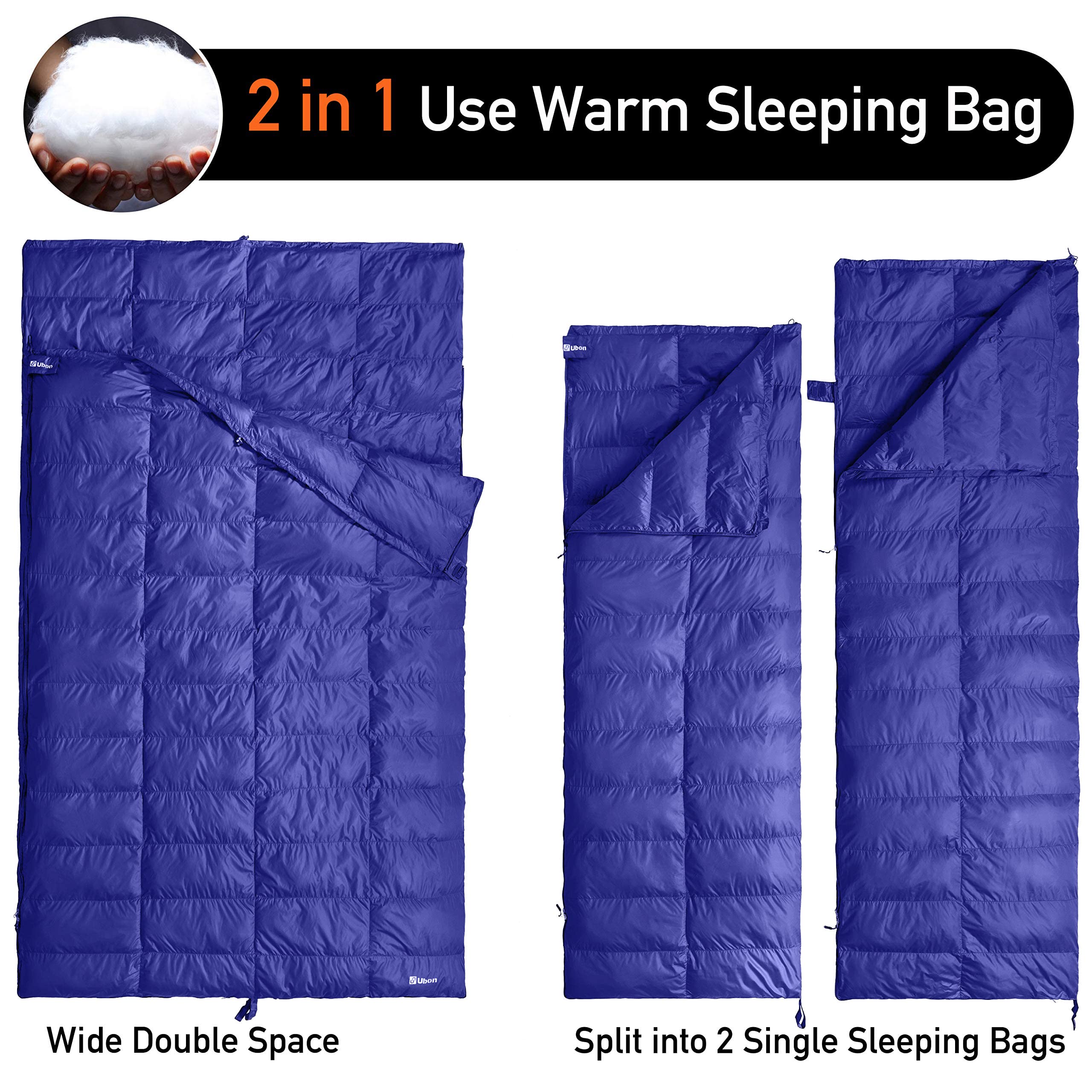 Ubon Double Sleeping Bag Queen Size XL Sleeping Bag Cold Weather 2 Person Sleeping Bag 3-4 Season for Backpacking, Camping or Hiking, Blue