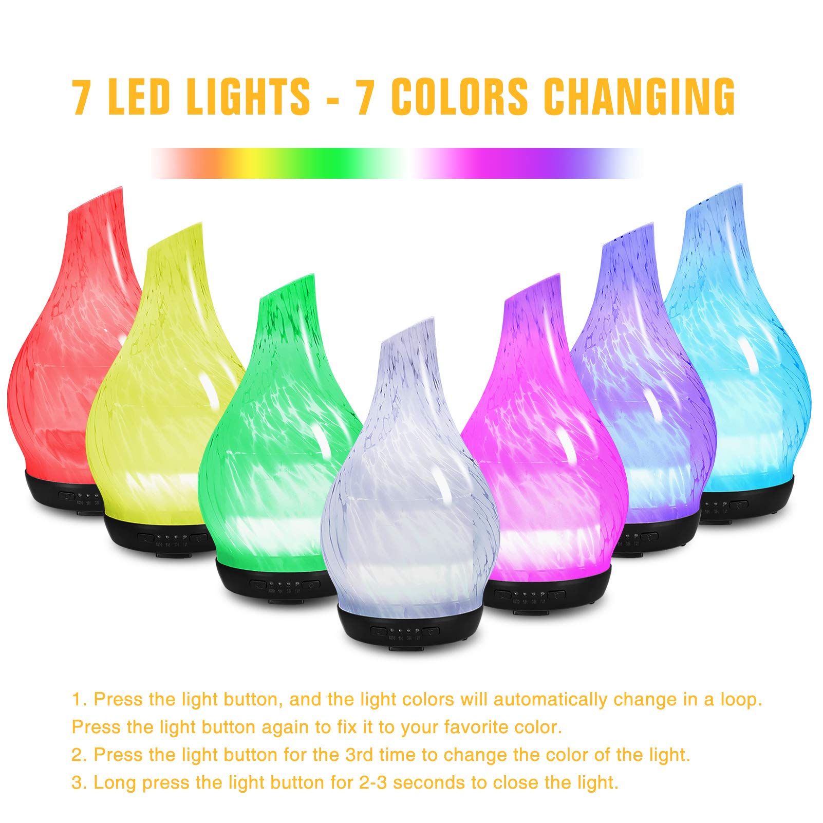 ZEERK Art Glass Essential Oil Diffuser, 250ML Ultrasonic Aroma Diffuser Quiet Cool Mist Humidifier for Home Gift, 7 Color Changing LEDs, Waterless Auto-Off, Timer Setting, BPA Free, White