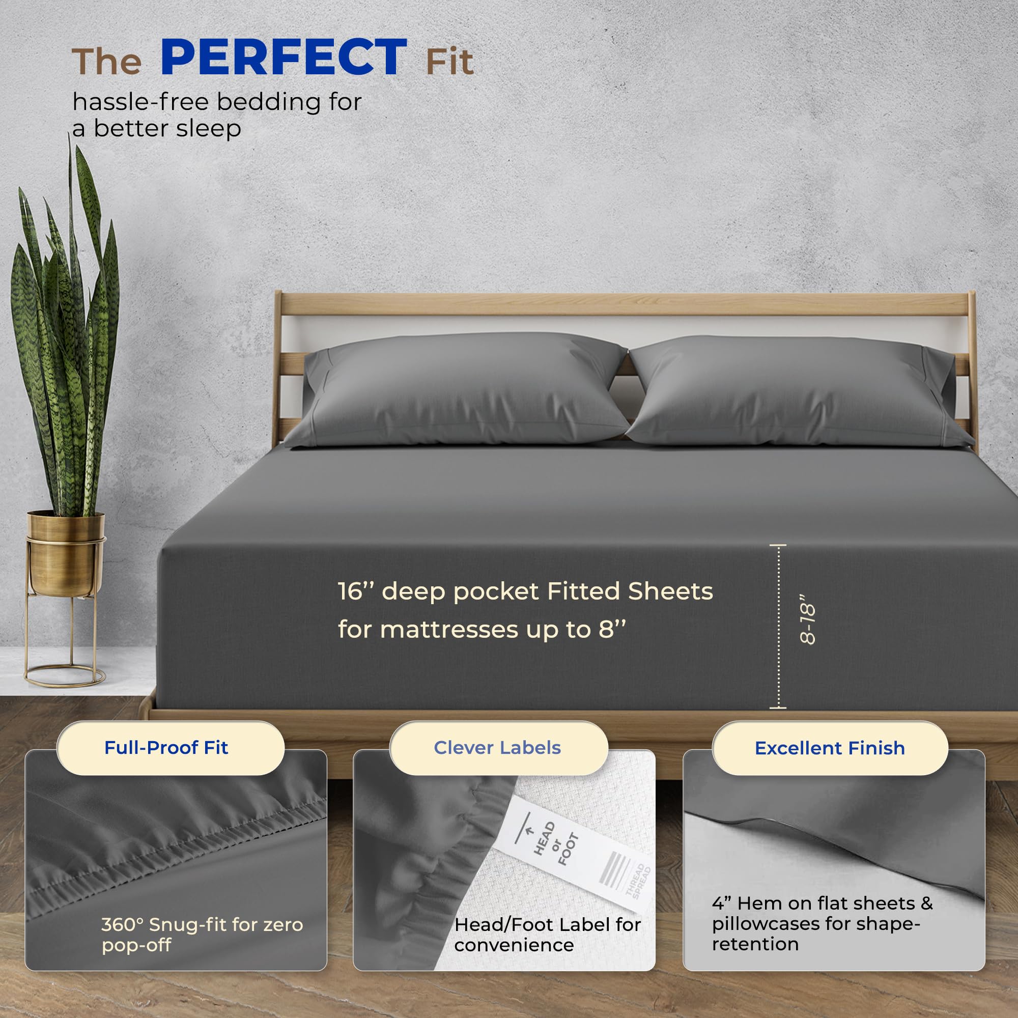 THREAD SPREAD 100% Pure Egyptian Cotton Sheets Queen Size - 1000 High Thread Count Sheets Queen, 4 PC Luxury Hotel Sheets for Queen Bed, 16" Deep Pocket Sateen Soft Cooling Bedding Sets - Dark Grey