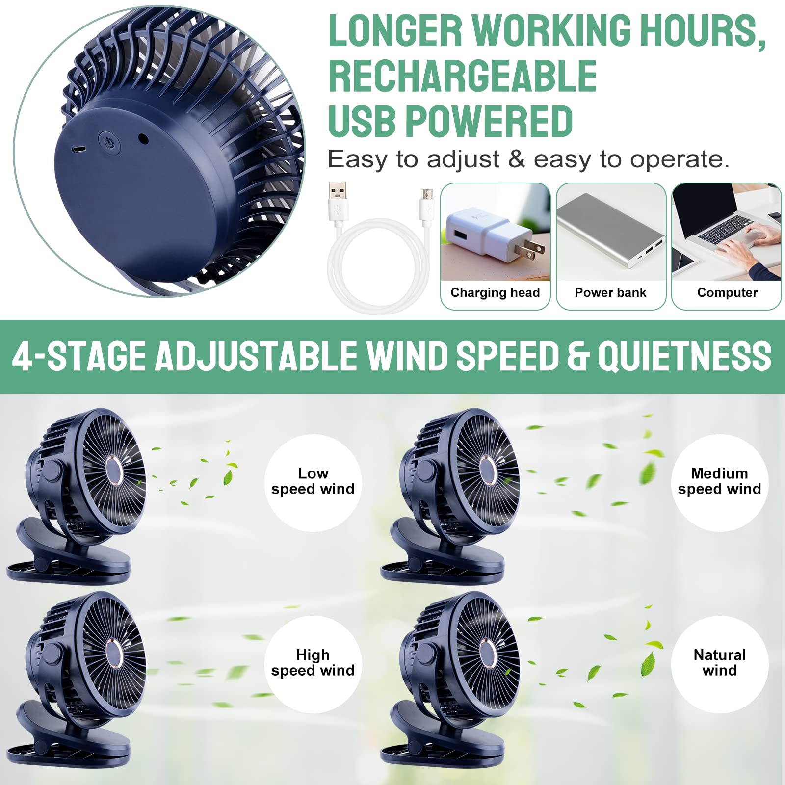 WUYILED 5 inch Rechargeable Clip on Fan, 5000mah Battery Longer Working Hours Desk Fan : 360° Rotation & 3 Speeds Strong Wind Portable Fan Quiet and Powerful (5000mah-Blue)