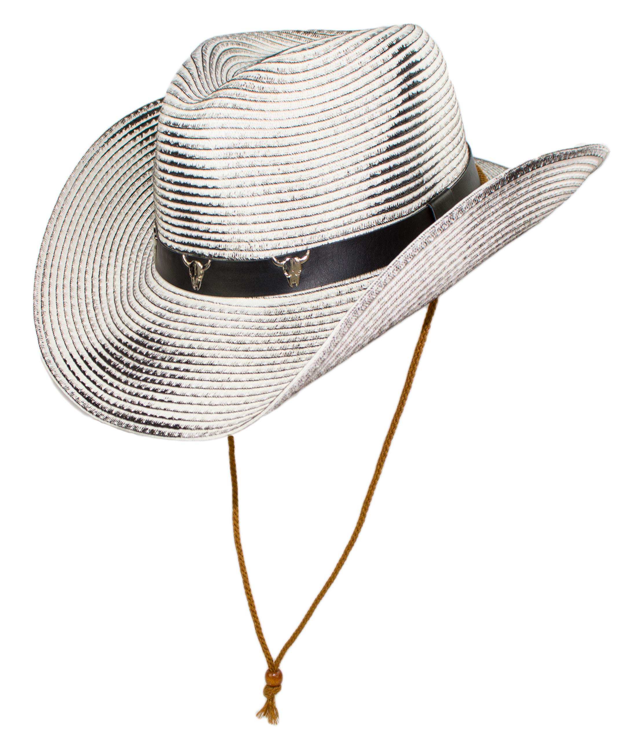 Western Rustic Rodeo Shapeable Straw Cowboy Hat with Chin Strap, Black Hatband with Longhorn Skeletons