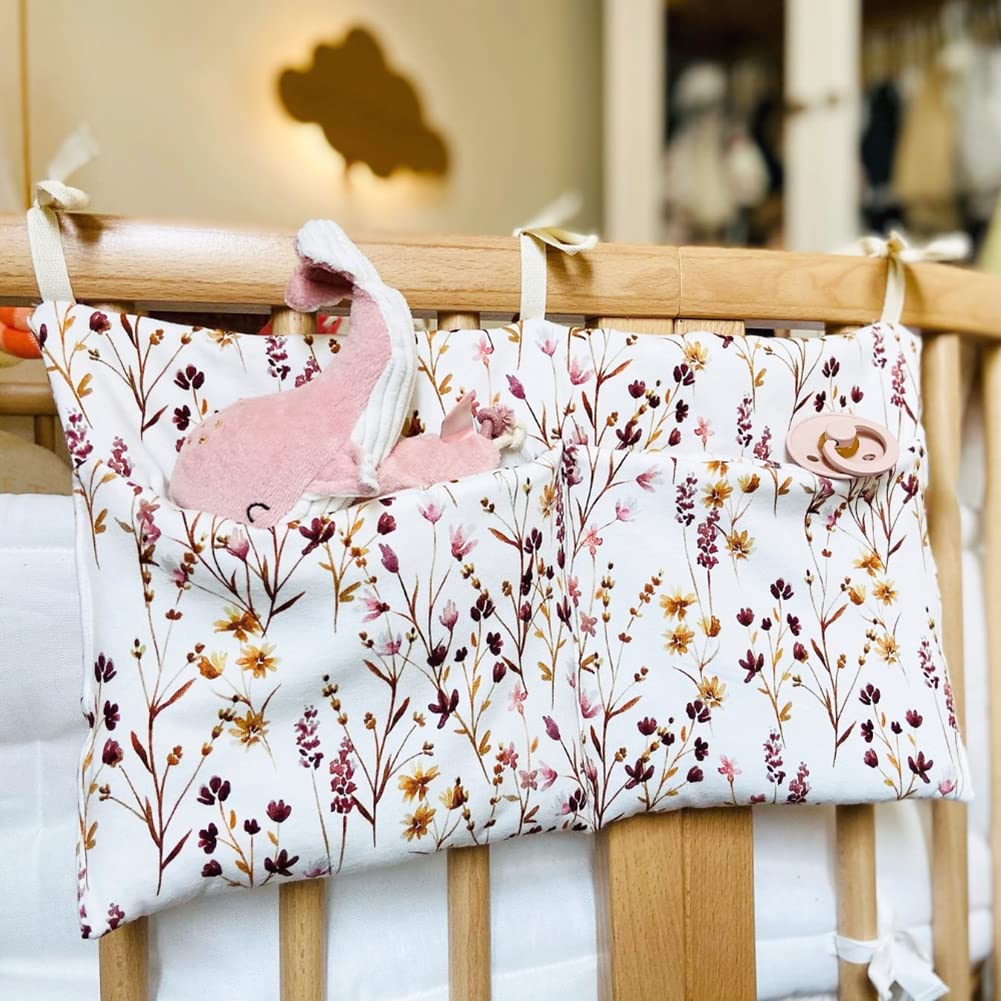 YeeMan Cotton Baby Bedside Hanging Storage Bag,2 Pockets Organizer for Baby Cribs and Toys (Little Flowers)