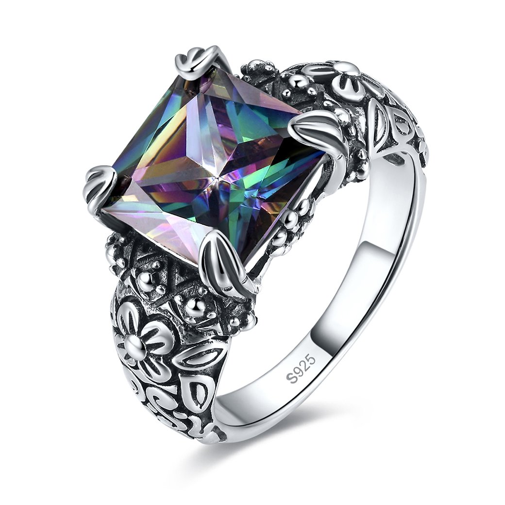 Zetaur 925 Sterling Silver Created Rainbow Topaz Princess Cut CZ Flower Vintage Wedding Engagement Anniversary Statement Eternity Ring
