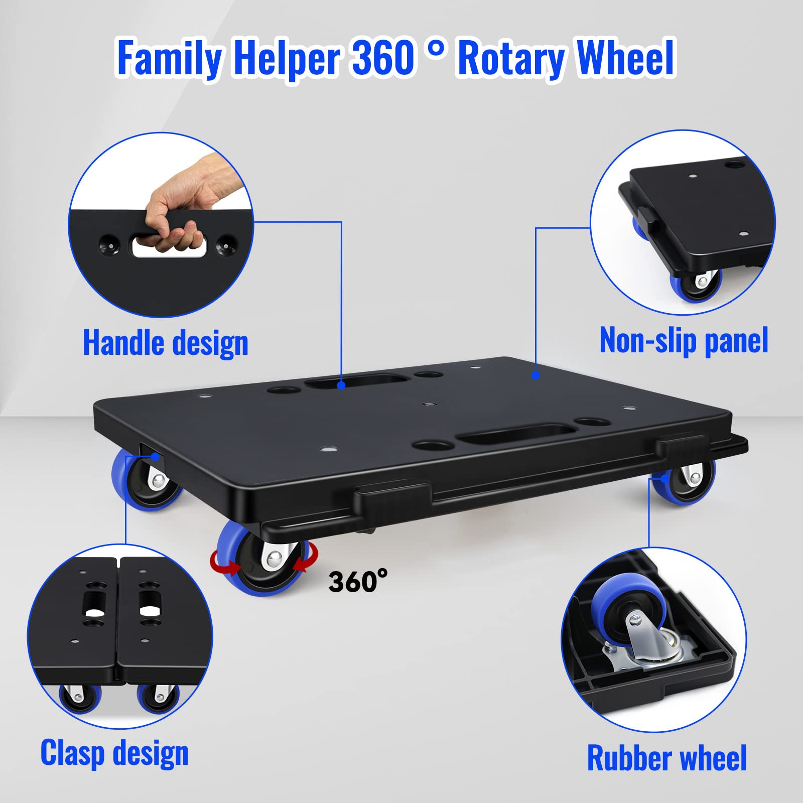 Uholan Flatbed Dolly Can Connected Two Pcs One Set Household Portable Mobile Dolly Infinite Rotary Flat Handtruck Mobile Furniture Load 220lb Black ,Blue Wheel (Blue wheel)