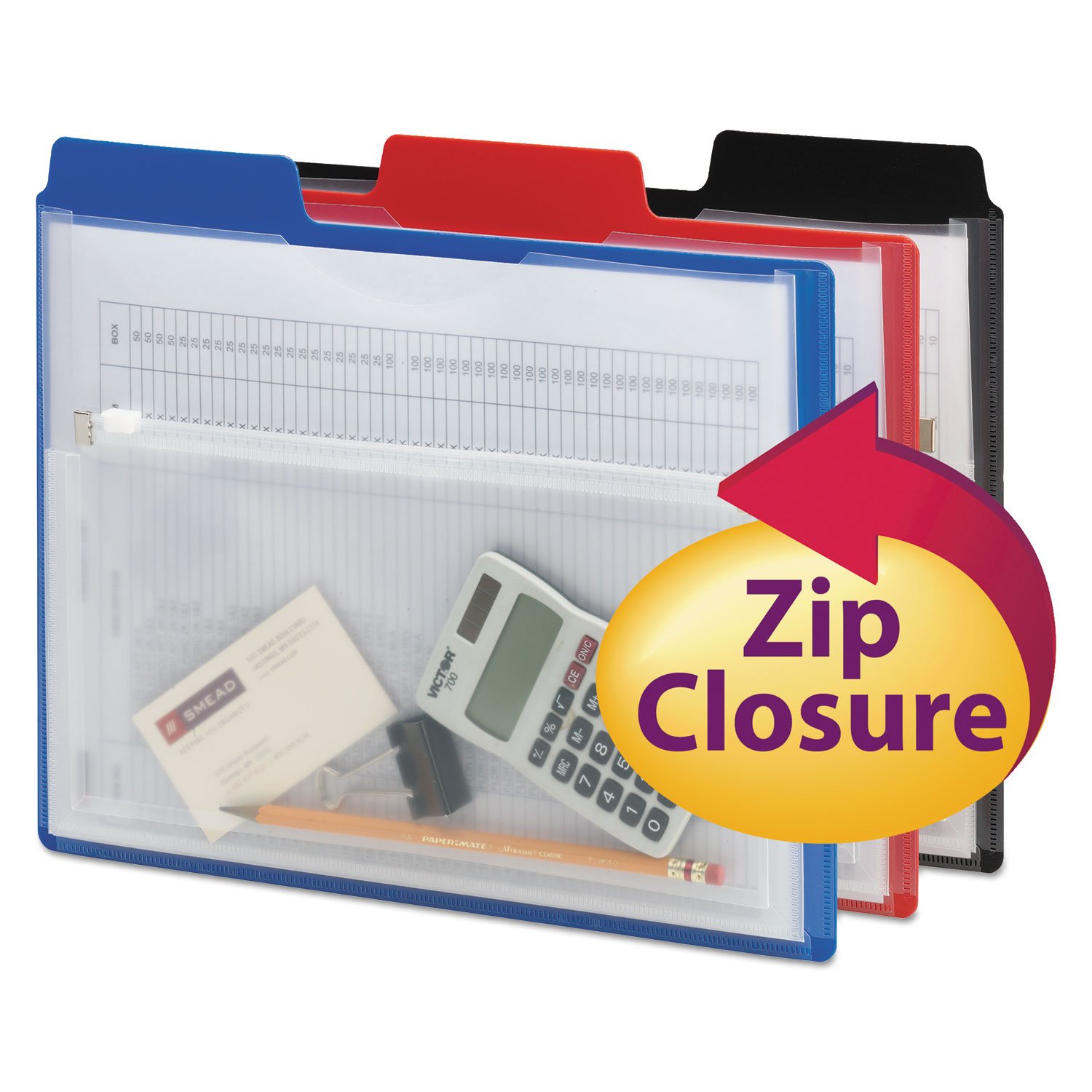 Smead Poly Project Organizer with Zip Pouch, 1/3-Cut Tab, 1/2ā Expansion, Letter Size, Assorted Colors, 3 per Pack (89614)