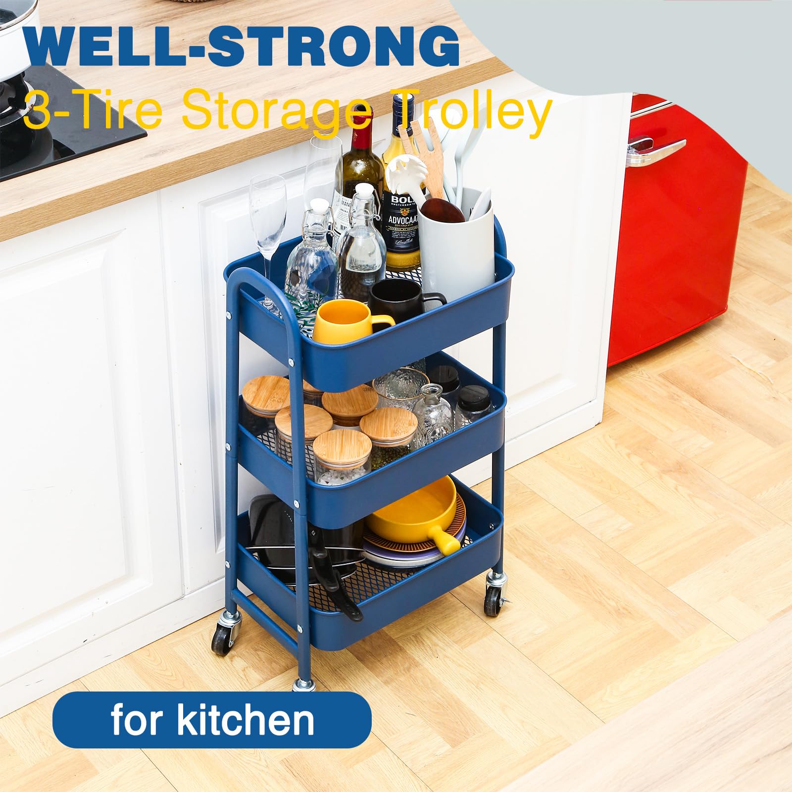 WELL-STRONG Metal Storage Trolley - 3-Tier Rolling Cart with Lockable Wheels - Multi-Purpose Utility Cart with Handle - Mobile Shelving Organizer for Bathroom, Office, Kitchen, Bedroom Navy Blue