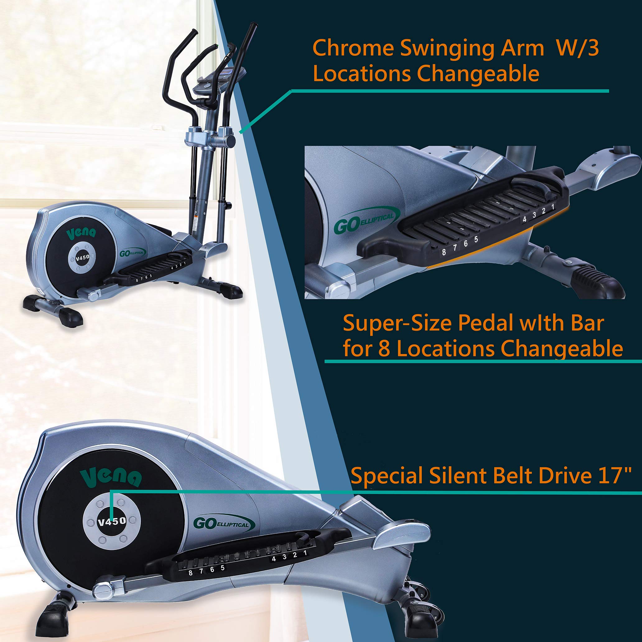 V-450 Standard Stride 17β Programmable Elliptical Exercise Cross Trainer w/Adjustable Arms & Pedals, HRC Control Program for Cardio Fitness Strength Conditioning Workout (Black/Gray, 450)
