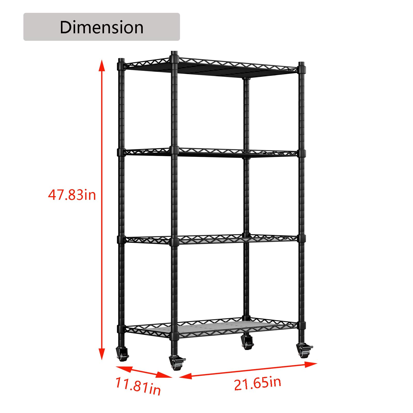 SORCEDAS Shelves 4 Tier Adjustable Utility Metal Storage Wire Rack Unit for Home Kitchen Garage Bathroom Office Indoor Black (Black, 4 Tier-with Wheel)
