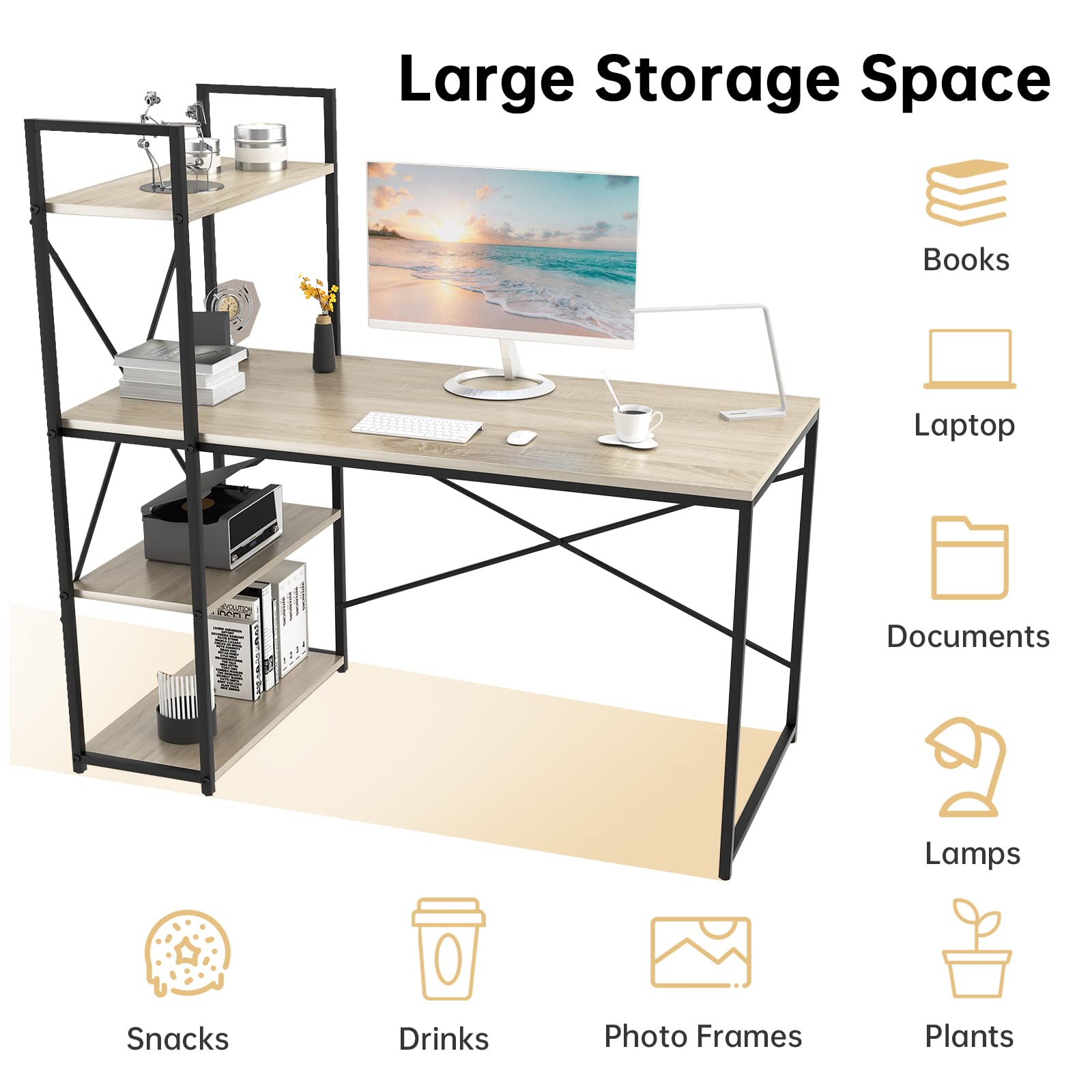 SMAGREHO Computer Desk with 4 Tier Shelves, Reversible Writing Study Table with Bookshelves, Modern Simple Compact Home Office Workstation, Oak