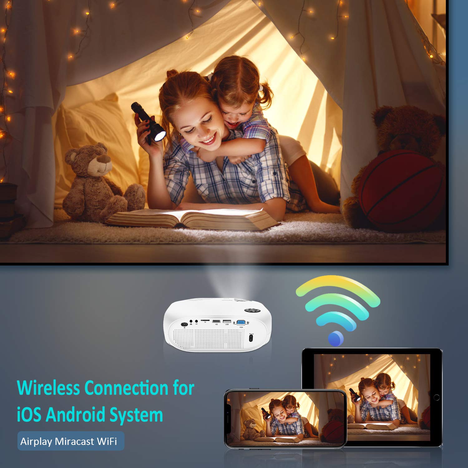 Wireless WiFi Projector, DIWUER 2021 Newest 4500 Lux Portable Mini Projectors for Outdoor Movies, Support Wireless/ USB Cable Mirroring, Compatible with TV Stick, PS4, iPhone, Android, Windows