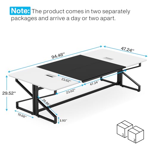 Tribesigns 8FT Conference Table, Modern Rectangular Meeting Room Table with Cable Grommet, 94.48L x 47.24W x 29.52H Inch, Large Seminar Table for Home Office, Meeting Room (White and Black)