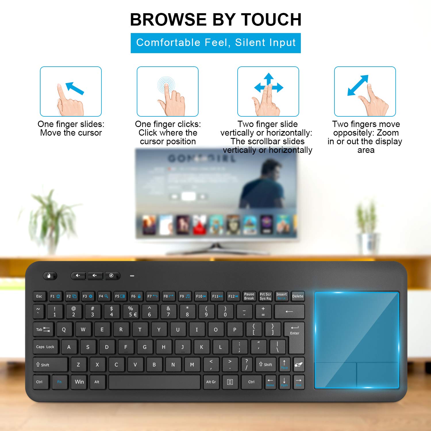 Wireless Keyboard with Touchpad, WisFox 2.4G Slim Ergonomic Wireless Keyboard with Easy Media Control and Built-in Touch Pad for PC Laptop Windows Google Smart TV HTPC Android