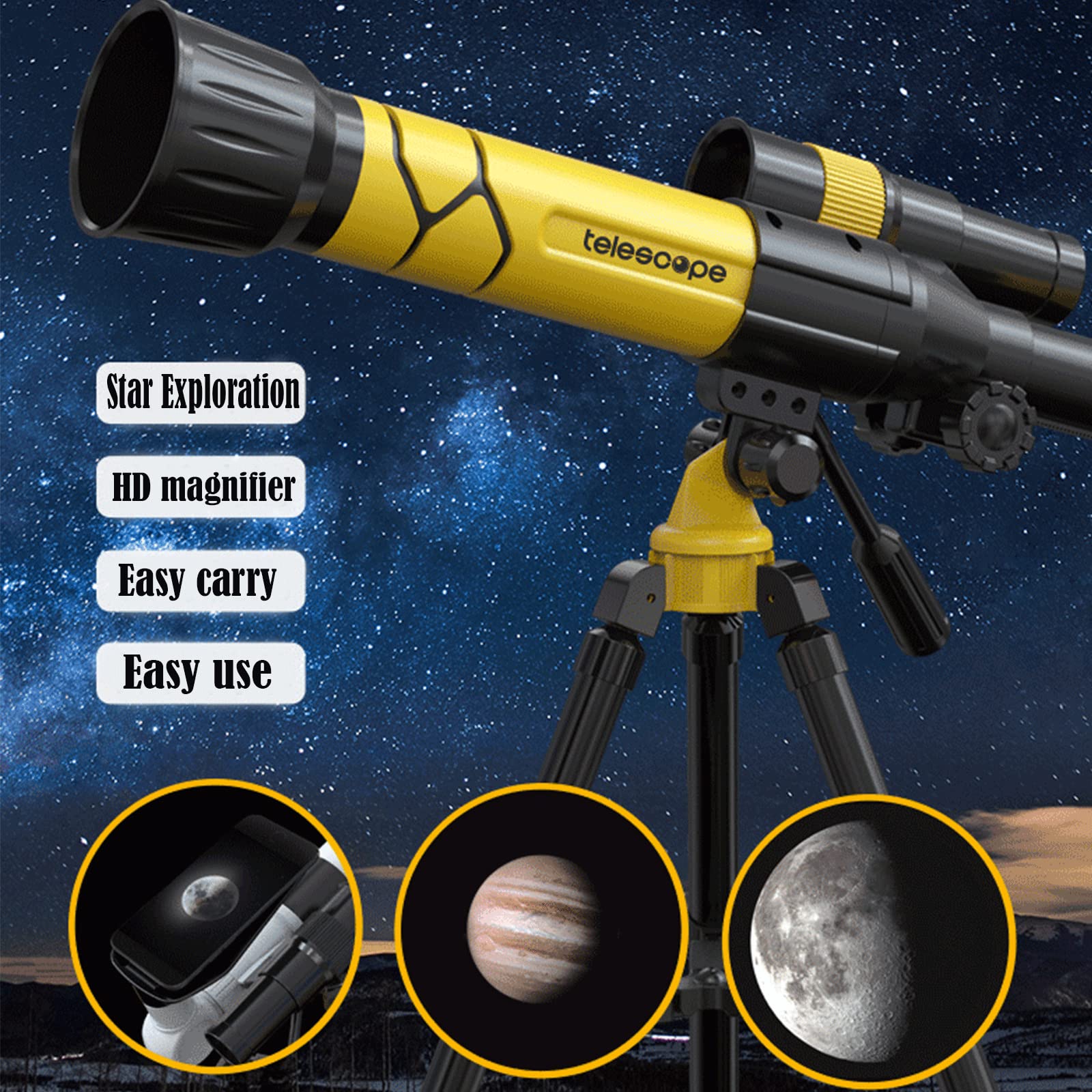 Timisea Telescope for Kids & Beginners, for a Young Astronomer,Portable Refractor Telescope with Tabletop Tripod and 3 Eyepieces, Explore Moon Space, Watch Night-Sky (White)
