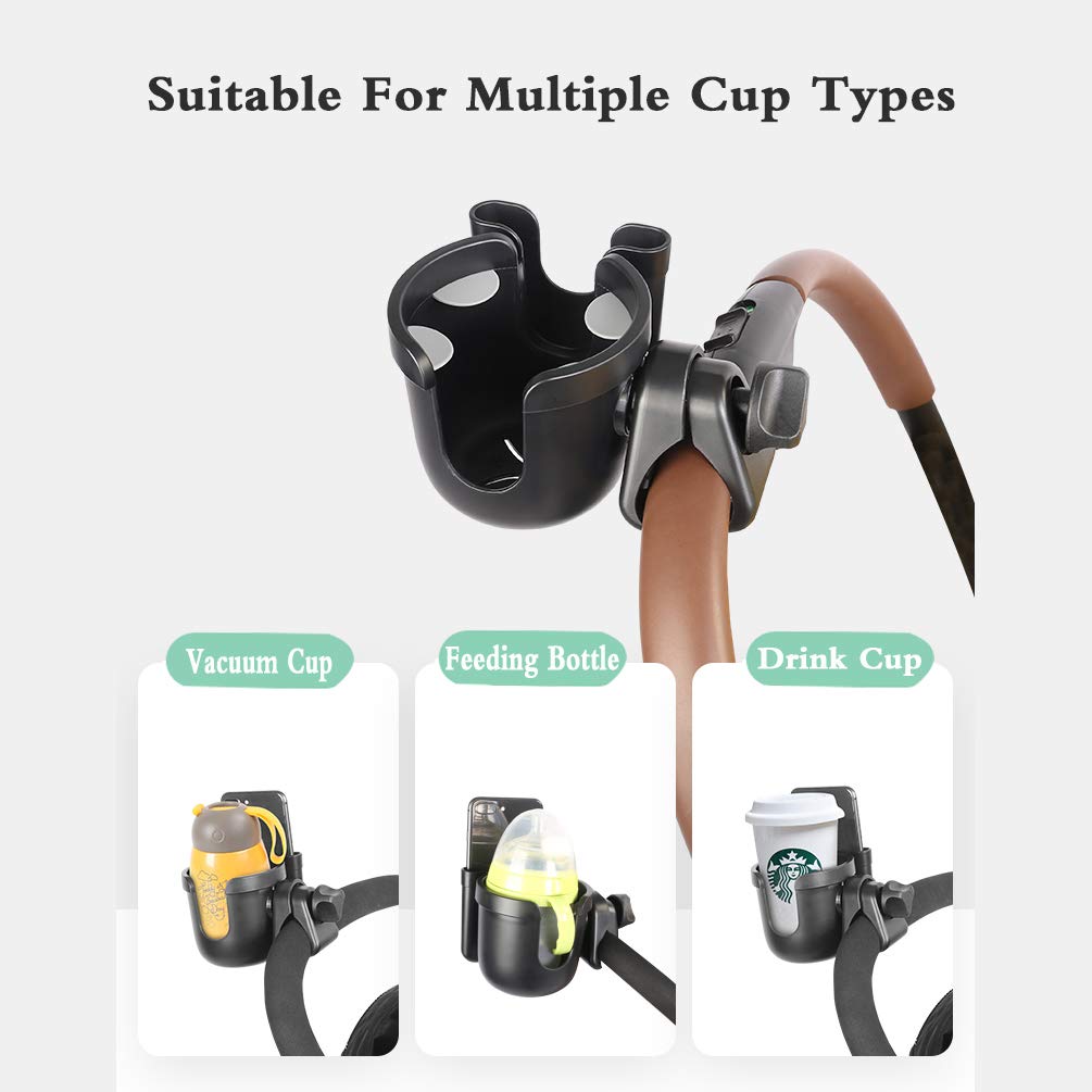 Walker Cup Holder-2 in 1 Universal Baby Stroller Cup Holders,Large Caliber Designed with Phone Holder, 360 Degrees Rotation Bottle Rack Holder for Baby Stroller, Buggy,Pushchair,Wheelchair, Walker