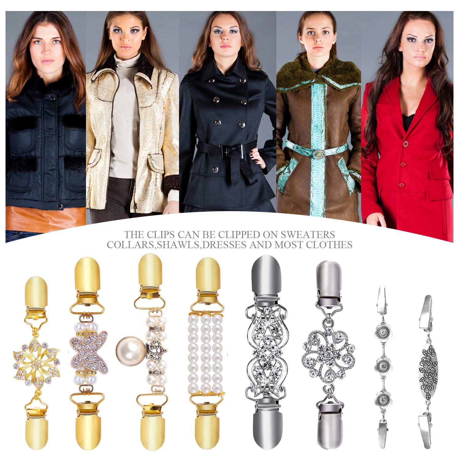 URATOT 8 Pieces Vintage Sweater Shawl Clips Cardigan Clips for Female, 8 Styles