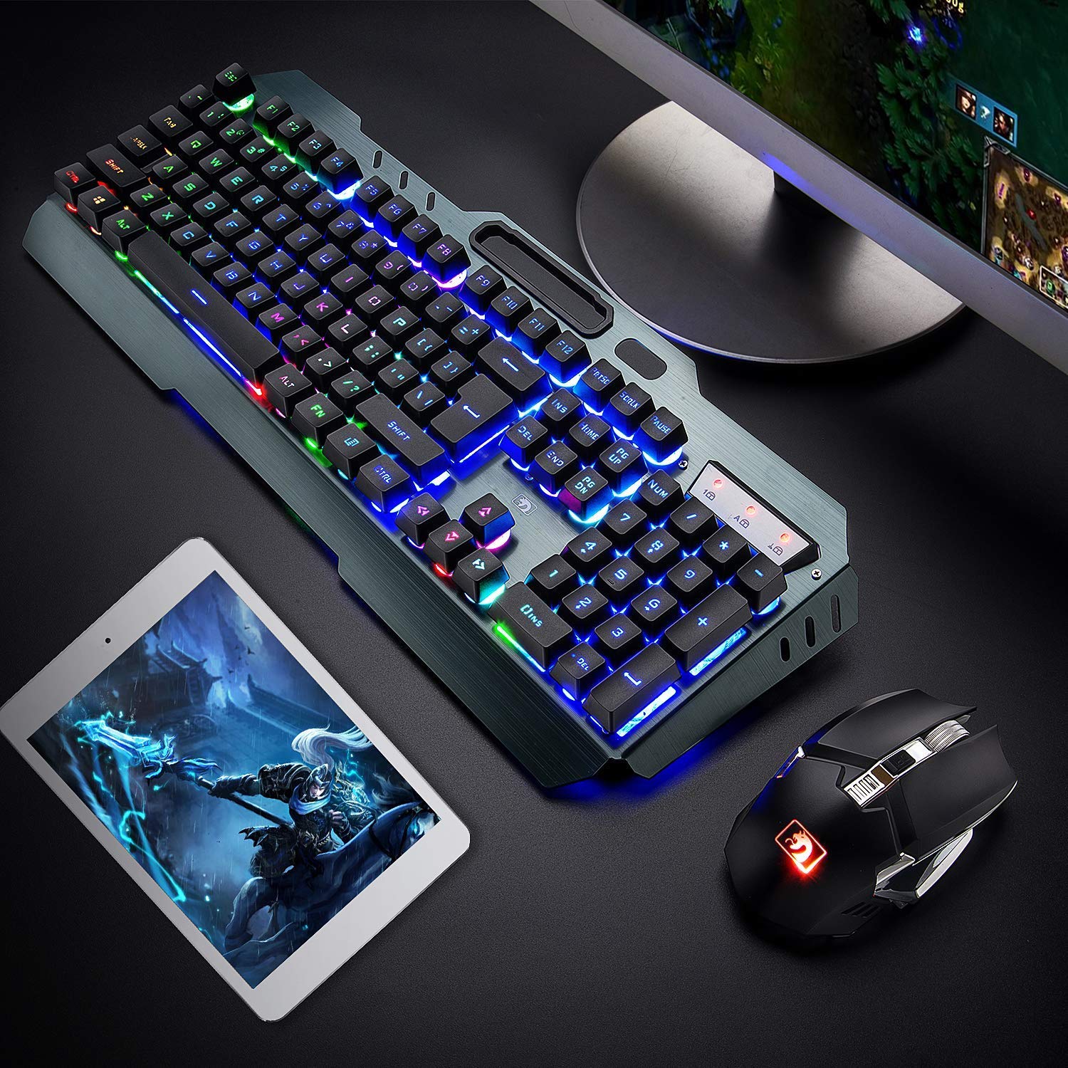 Wireless Gaming Keyboard and Mouse Combo, Rechargeable 16 Kinds RGB Backlit Mechanical Feel Keyboard and 7 Color Gaming Mute Mouse with 5000mAh Battery Metal Panel, for Windows Computer Gamers