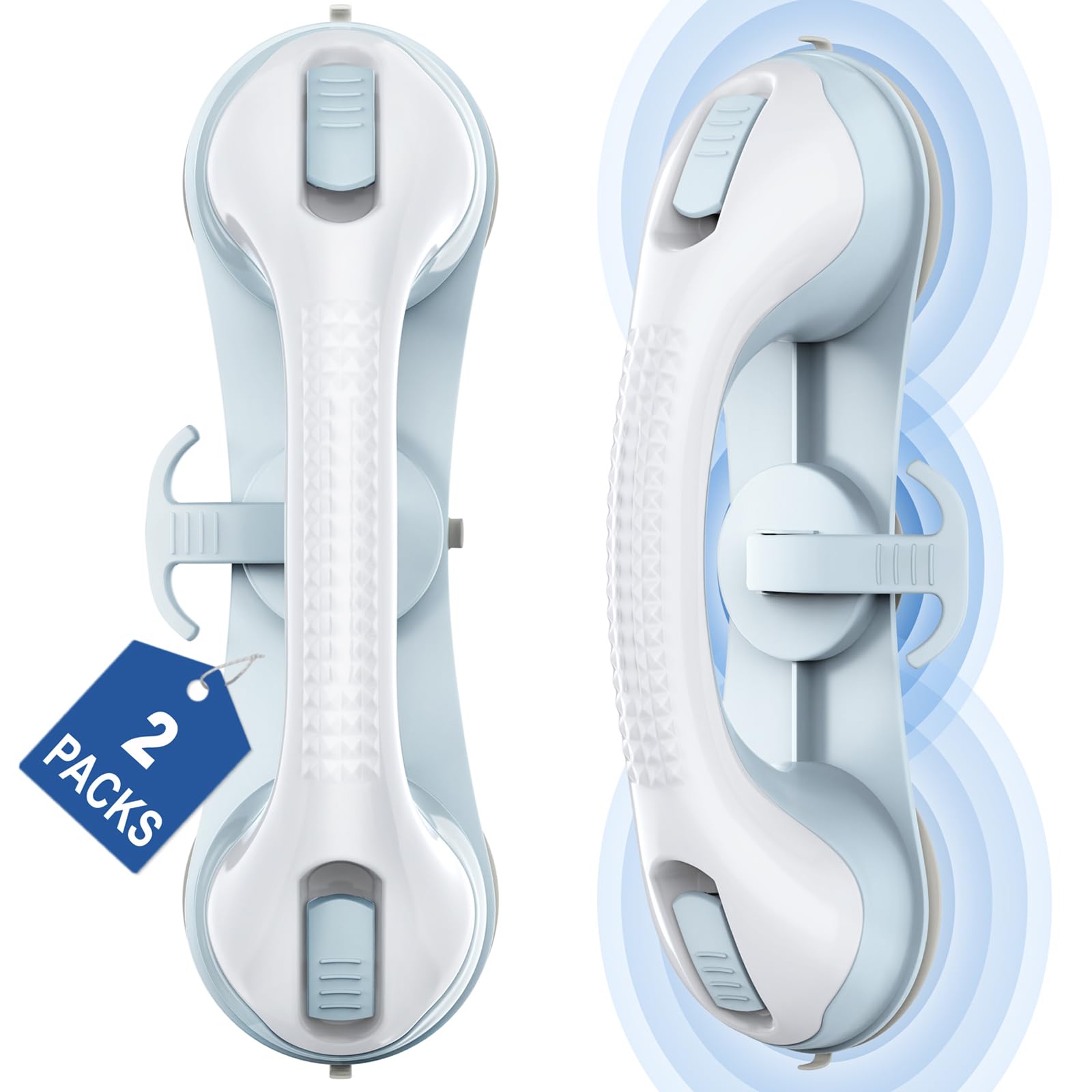ππ©π π«ππππ 3 Suction Cup Grab Bars for Shower, ASLUCO Shower Handles for Elderly Suction, Shower Grab Bars for Seniors, Handicap Grab Bars for Bathroom Bath Bathtub Toilet - Light Blue