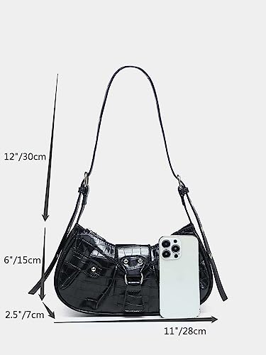 SweatyRocks Women's Buckle Leather Crocodile Embossed Zipper Handbag Shoulder Bag with Adjustable Strap Black one-size