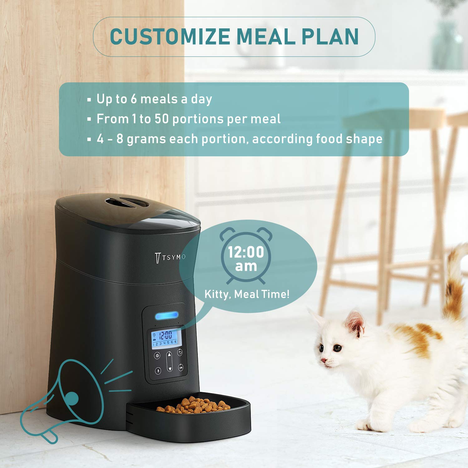 TSYMO Automatic Cat Feeder - 1-6 Meals Auto Dog Food Dispenser with Anti-Clog Design, Timer Programmable, Voice Recording & Portion Control for Small & Medium Pets (4 L Black)