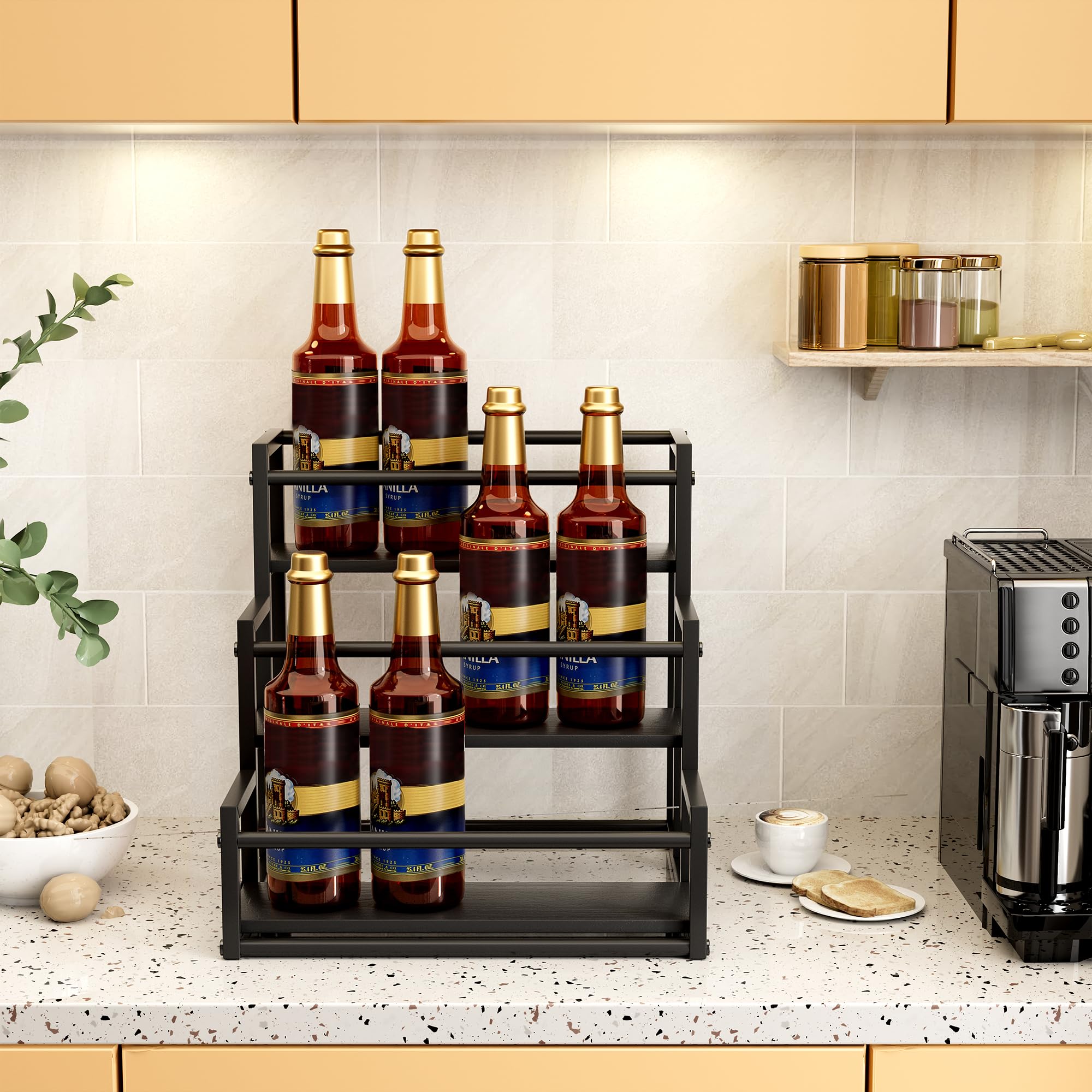 ZGO 3 Tier Coffee Syrup Rack for Coffee Bar, Water Bottle Organizer for Cabinet, Simple Syrup Bottles Coffee Station Organizer for Countertop, Coffee Bar Accessories and Organizer(Black)