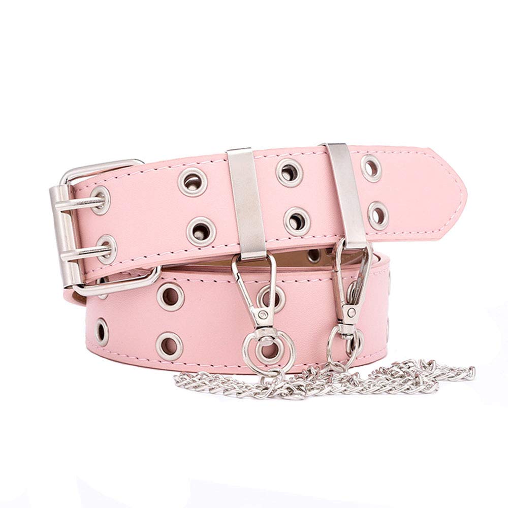 UIYTR Steampunk Rock PU Leather Belt Double Grommet Novel Belts with Chain,Studded Belt Punk Accessories (Pink)