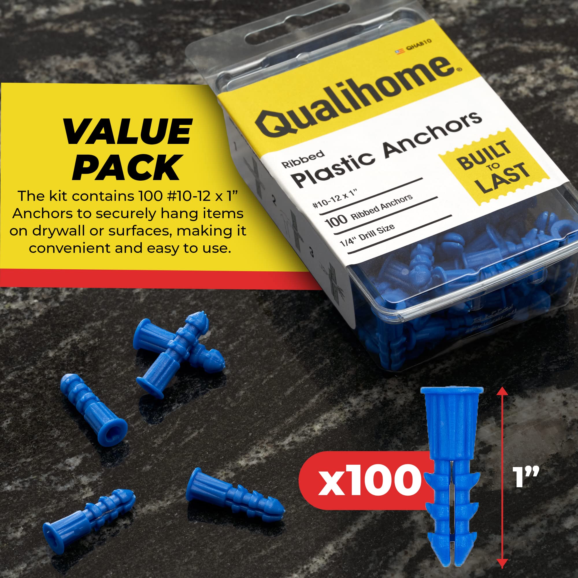 Qualihome Drywall Anchors Premium Quality Ribbed Lightweight Plastic Anchors for Hollow Walls β Wall Hanging Anchor Kit for Pictures, Artwork & Light Duty Anchoring Application (#10-12 x 1")
