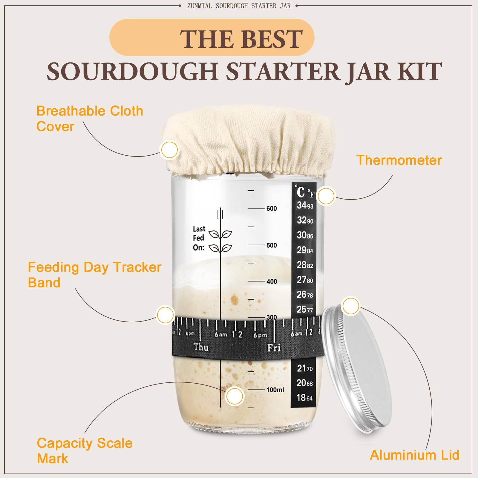 Sourdough Starter Jar, 2pcs Sourdough Starter Kit with Date Marked Feeding Band, Thermometer, Cloth Cover & Metal Lid, Reusable Sourdough Bread Baking Supplies, Home Baking Supplies