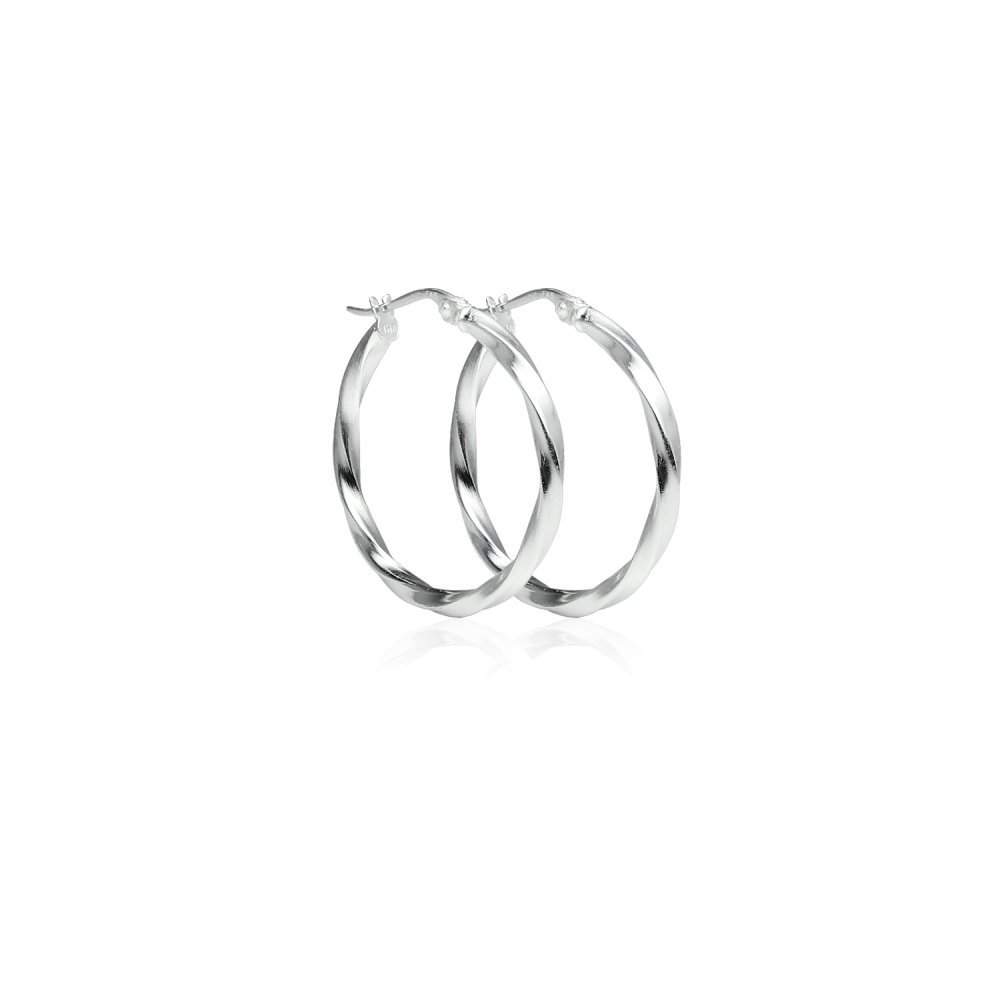 Sterling Silver Hoop Earrings, Twisted Round Design, High Polish Finish with Click-Top Closure, Tarnish and Nickel Free, 25mm Diameter