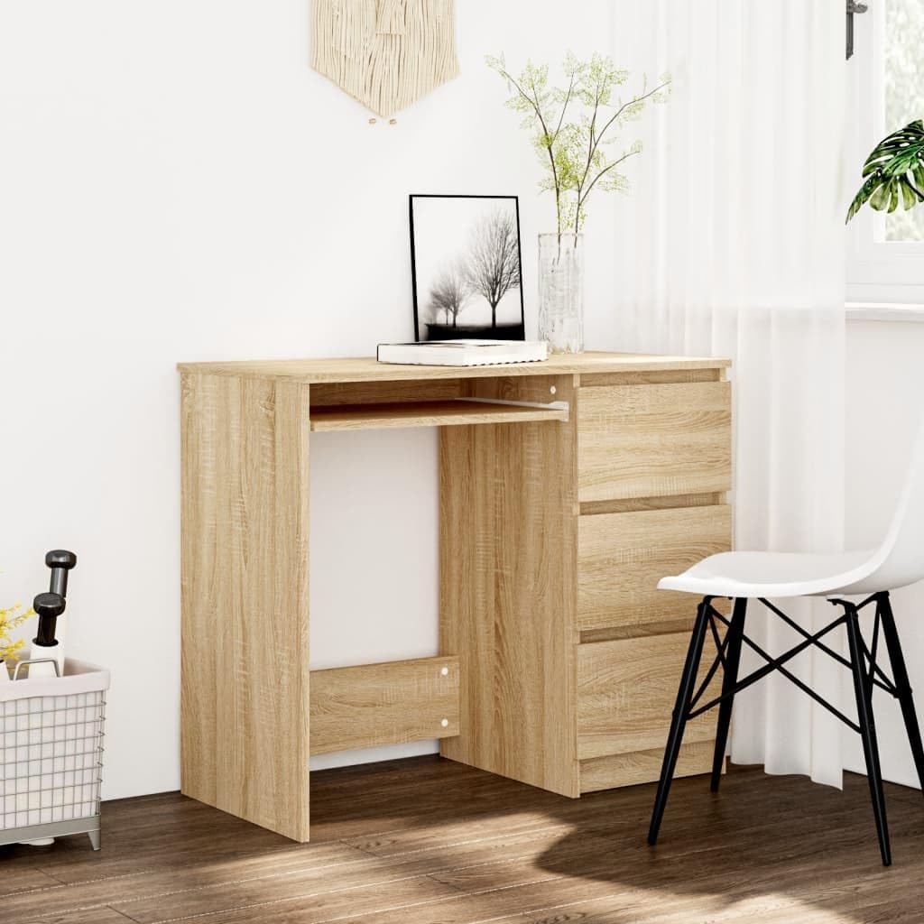 vidaXL Compact Desk with Built-in Storage Drawers– Sonoma Oak Finish Engineered Wood – Scandinavian Style - Perfect for Home Office or Study Room (35.4"x17.7"x29.9")