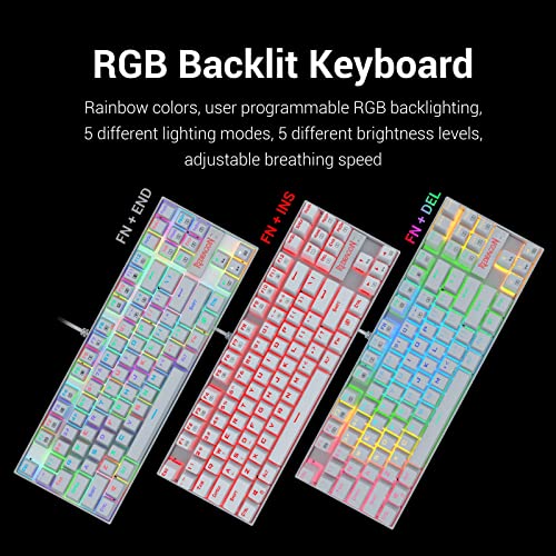 Redragon K552 Mechanical Gaming Keyboard RGB LED Backlit Wired with Anti-Dust Proof Switches for Windows PC (White, 87 Key Brown Switches)