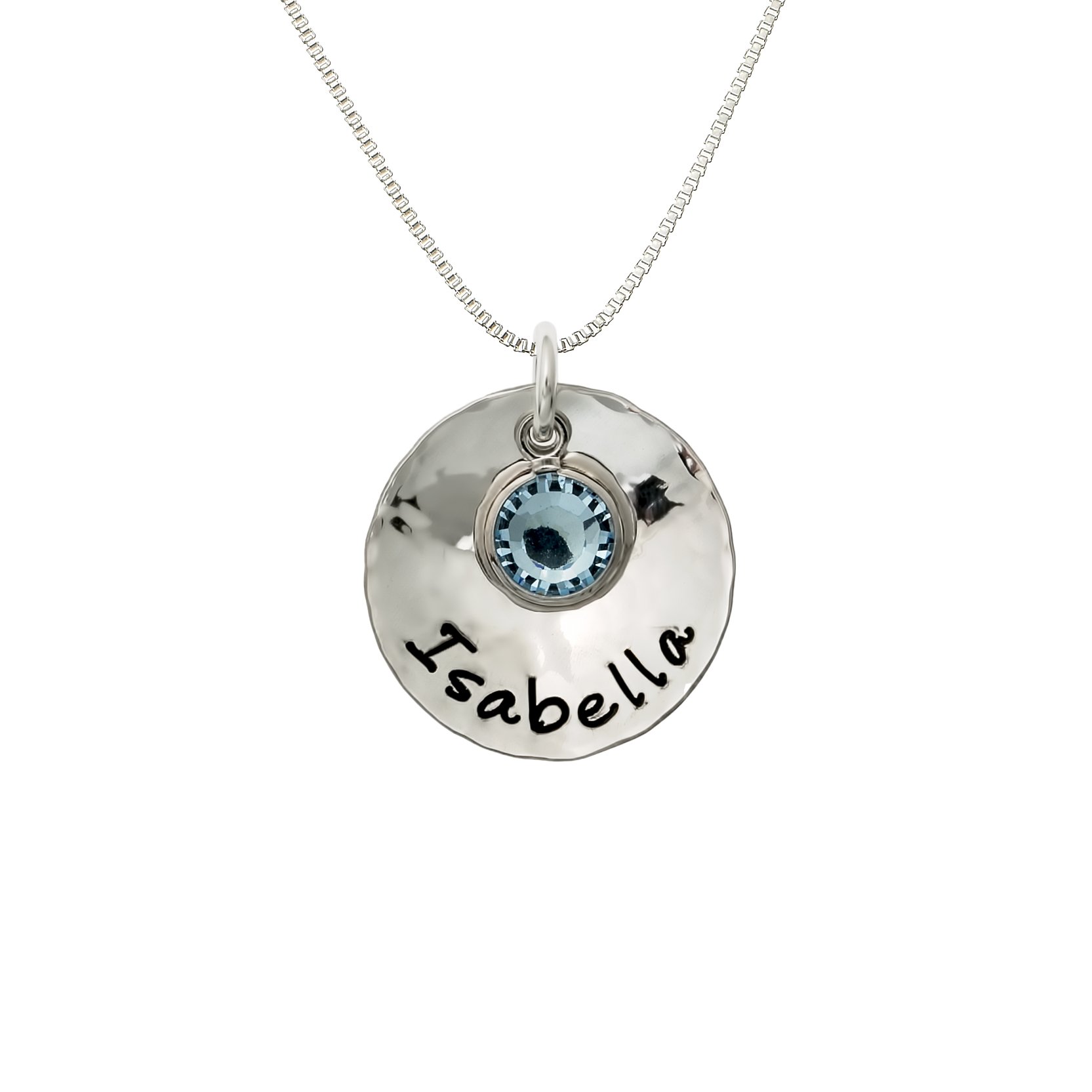 Sterling Silver Personalized Domed and Hammered One Name Necklace. Customize with Your Choice of Characters. Hammered Finish. Includes 925 Chain and Swarovski Birthstone. Gifts for Her, Mother, Wife