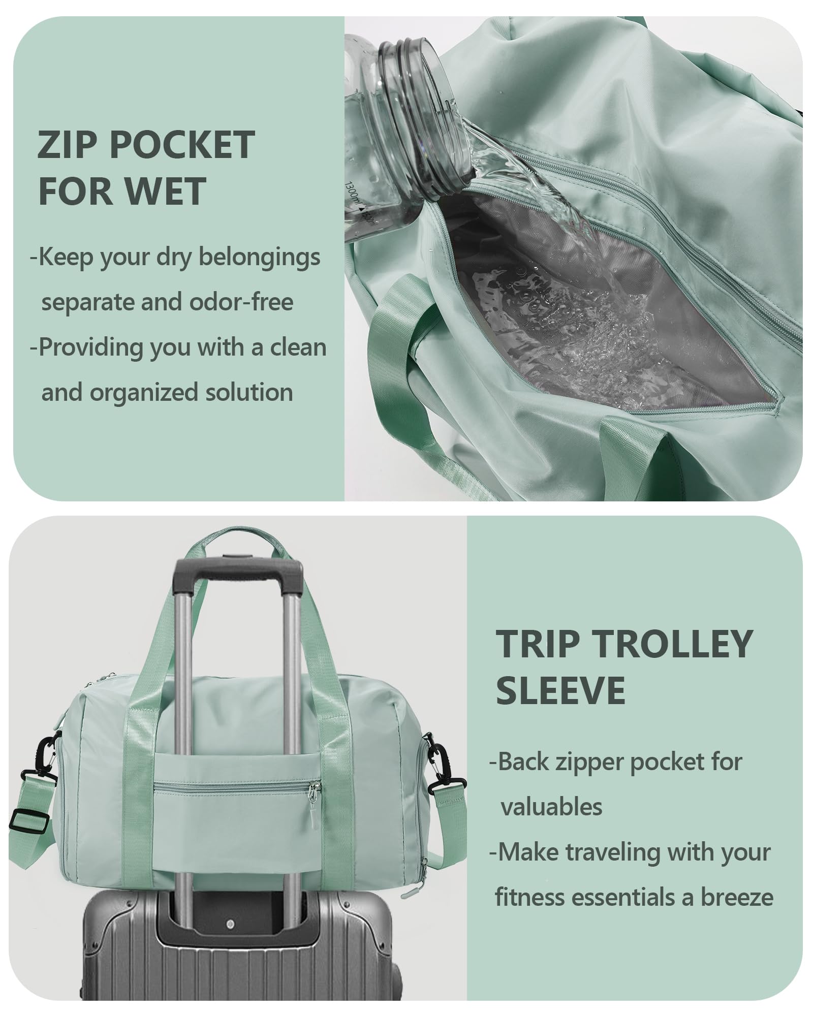 Unineovo Green 30L Gym Duffel Workout Bag with Trolley Sleeve Wet Pocket Shoes Toiletry Bag Overnight Weekender Bag