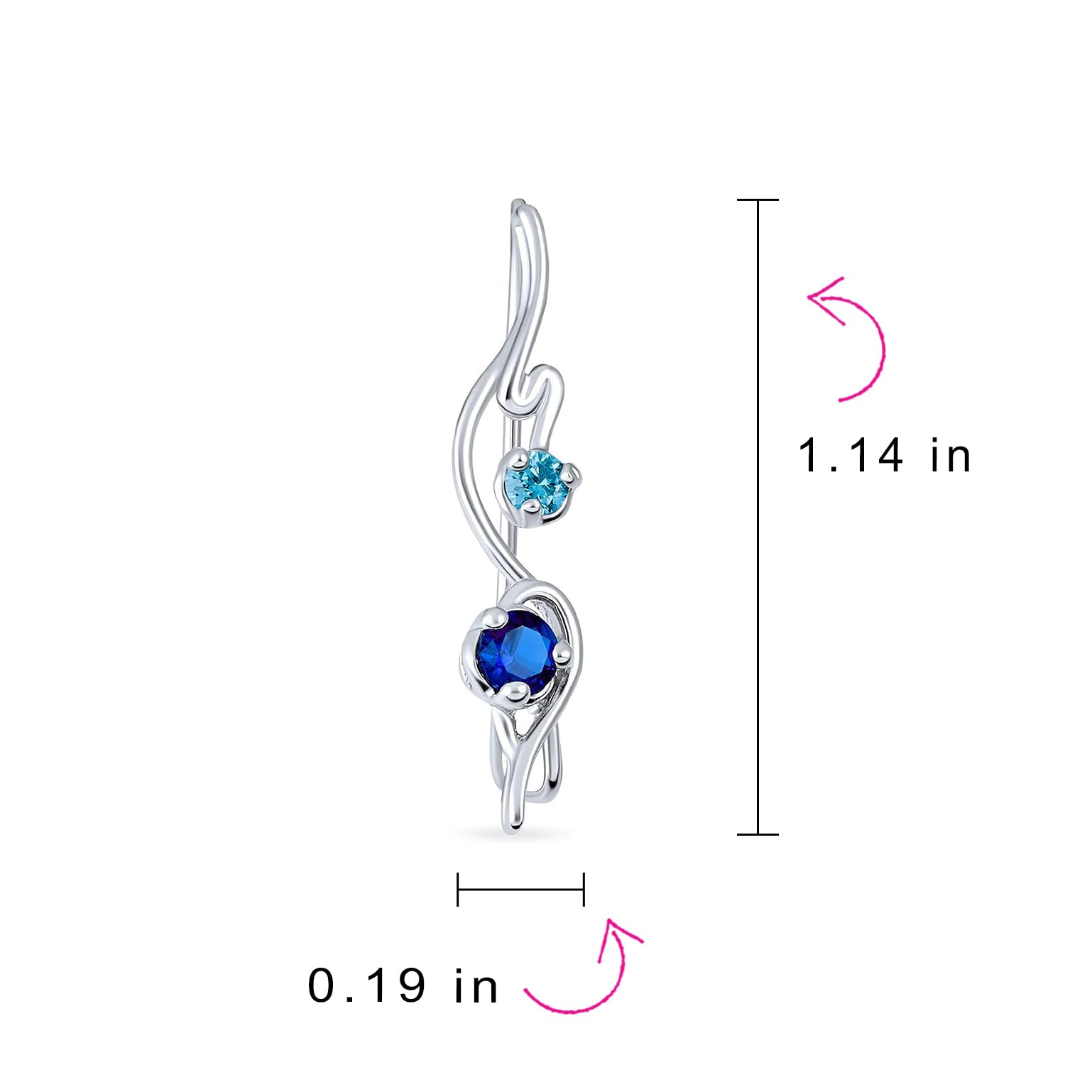 Swirl Wire Ear Pin Climbers Aqua Blue Cubic Zirconia Earrings For Women Simulated Sapphire CZ Crawlers Sterling Silver