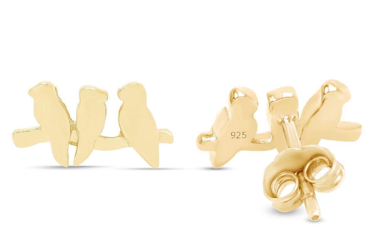 Tiny Lovely Three Birds Line Post Stud Earrings Jewelry For Women in 14k Gold Over Sterling Silver With Push Back (yellow-gold-plated-silver)