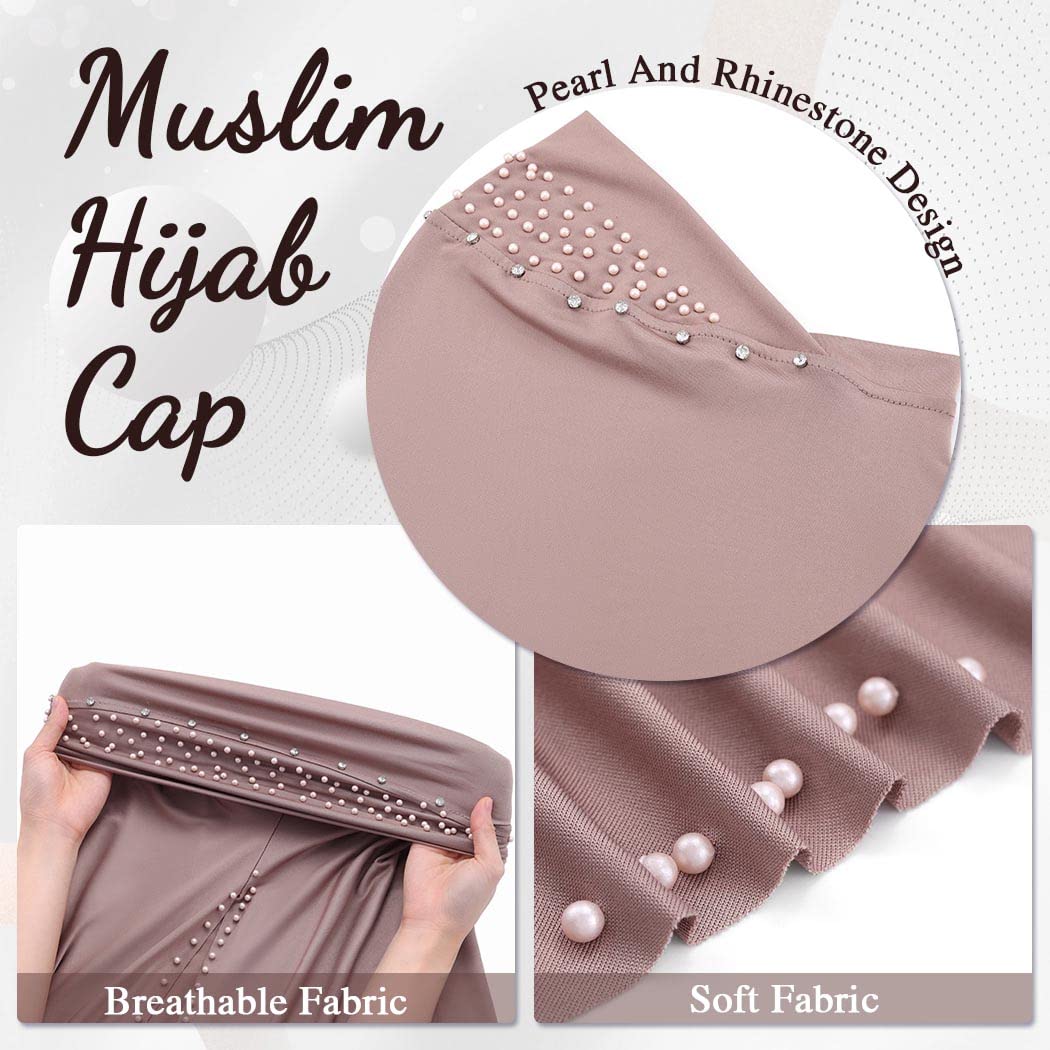 Woeoe Women Rhinestone Pearl Muslim Head Wrap Plain Color Crystal Muslim Hijab Cap Lightweight One Piece Breathable Head Scarf