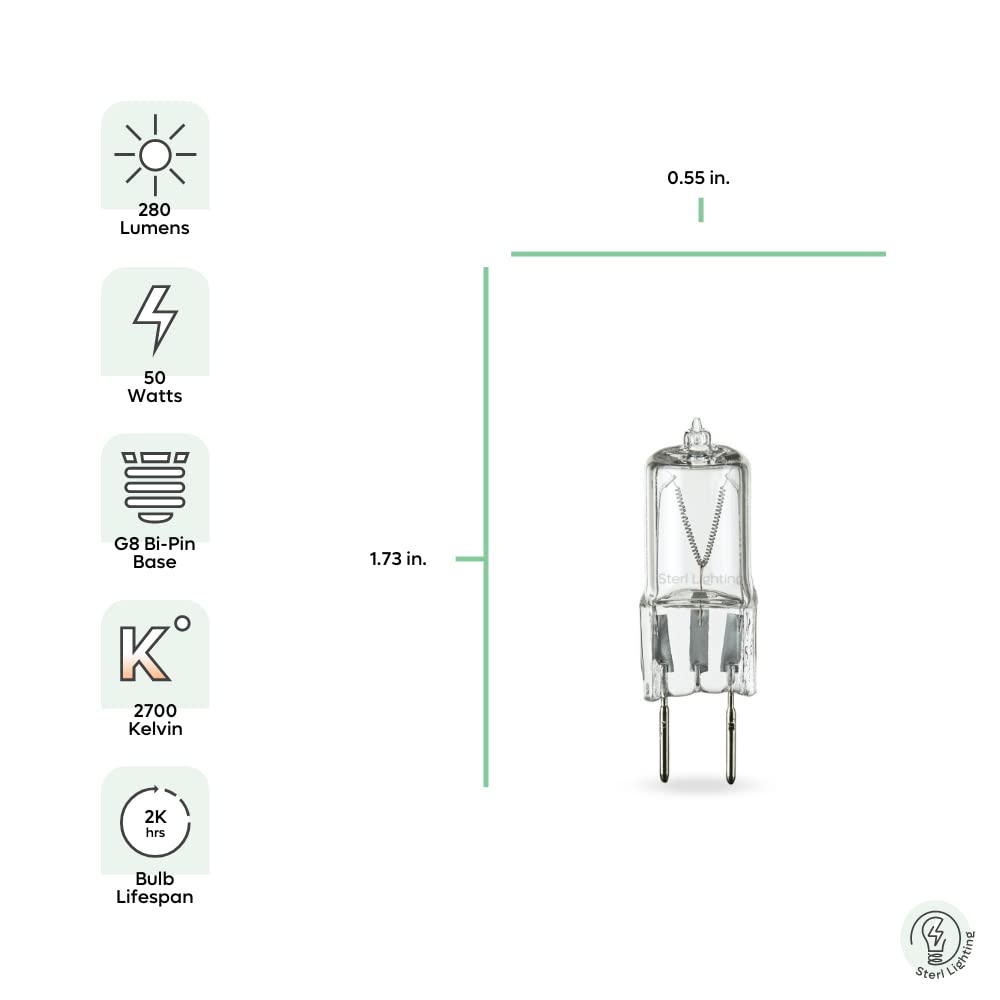 Sterl Lighting 10 Pack, T4 JCD Type Bulb 50W 120V 1.73Inch 280Lm 2700K Warm White Clear, G8 Bi-Pin Base Wall Sconces Halogen Replacement for Under Cabinet/Counter & Puck Light Bulbs