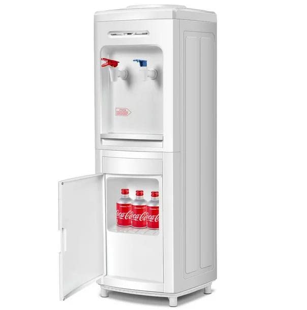 Water Cooler Dispenser for 3-5 Gallon Bottle, Top Loading Hot and Cold Water Dispenser with Storage Cabinet, Child Lock, Water Cooler with Compression Refrigeration Technology, White