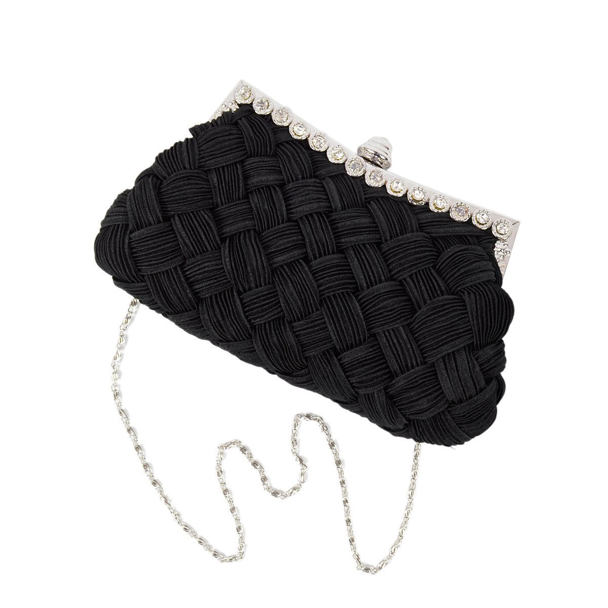 TrendsBlue Elegant Braided Pleated Glitter Rhinestone Clutch Evening Bag, Black
