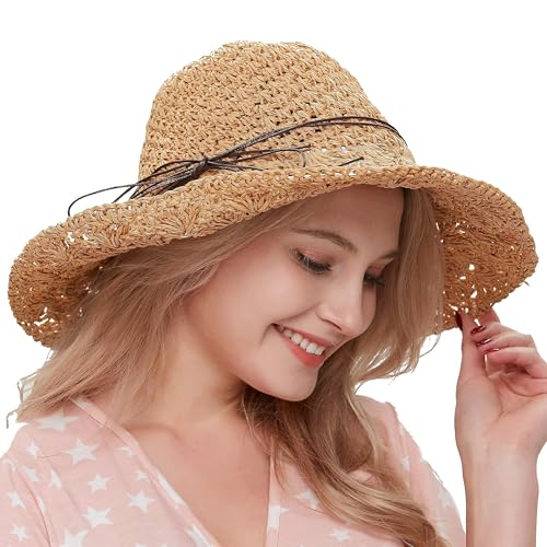 Sun Straw Hats for Women Foldable Floppy Beach Summer Hats Oversized Weave Wide Brim Bowknot Lace for Ladies Brown