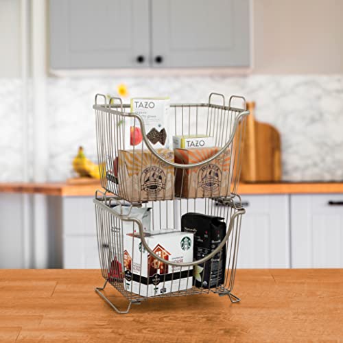 Spectrum Diversified Ashley Stackable Wire Basket with Raised Feet and Looped Handles Modular Stacking Bin System for Kitchen Countertop & Desk Organization, Large, Satin Nickel