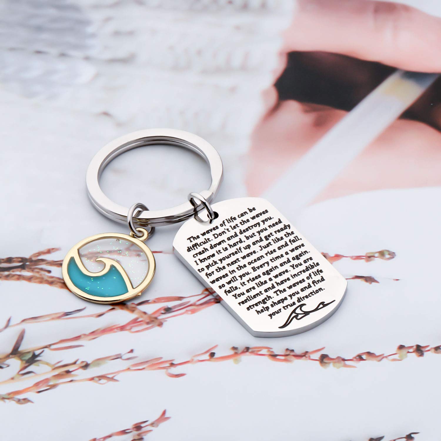 UJIMS Inspirational Quote Gift Ocean Wave Keychain The Waves Of Life Can Be Difficult Encouragement Jewelry for Her (Ocean Wave Keychain)