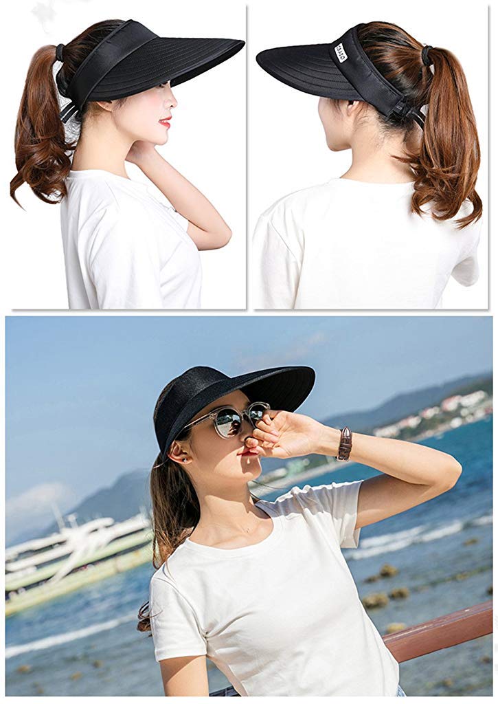 Sun Visor Hats for Women, Large Brim UV Protection Summer Beach Cap, 5.5''Wide Brim (Black)
