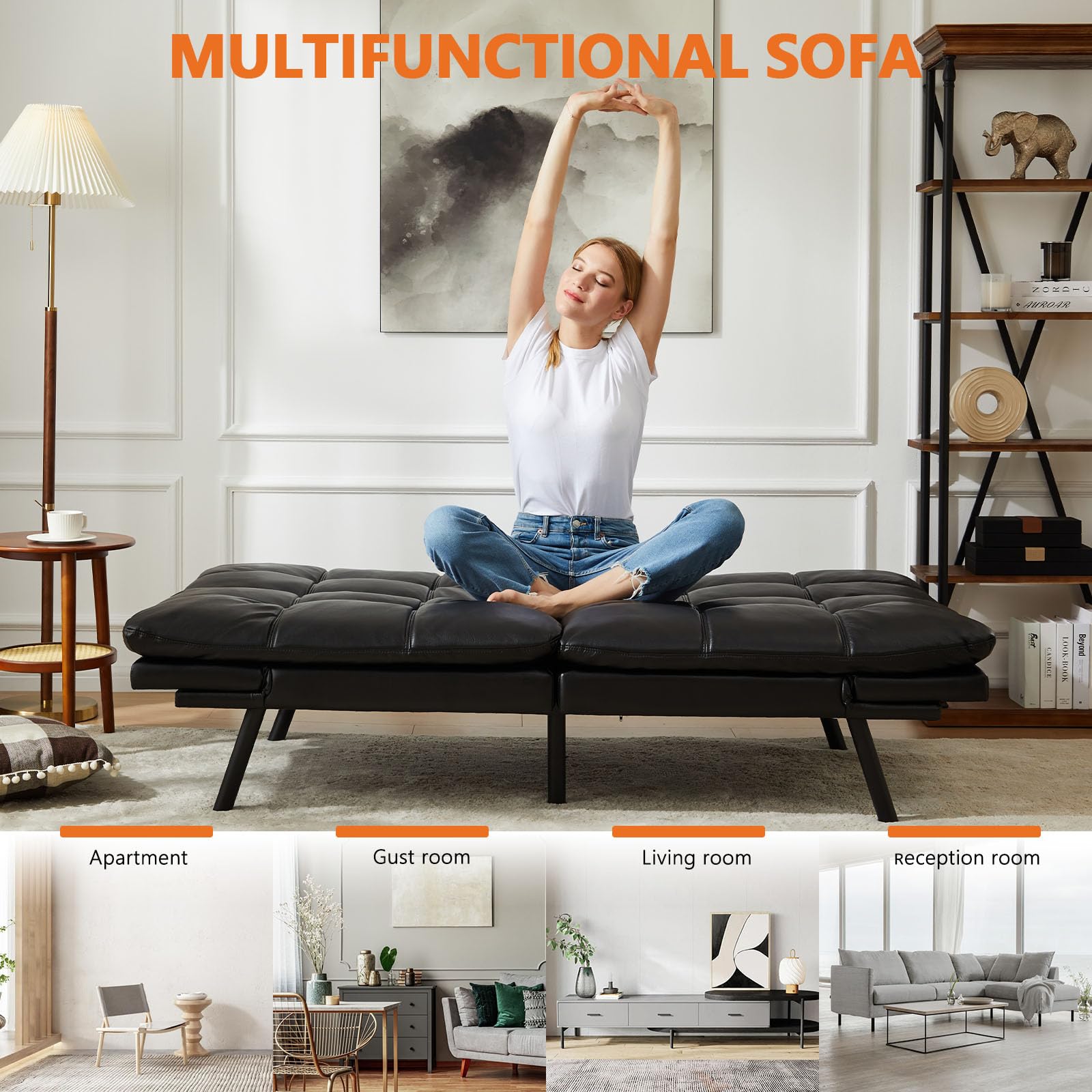 Sweetcrispy Futon Sofa Bed Sofá Cama para Sala Futon Couch Bed Sofas Sleeper, Modern Convertible Faux Leather Futon for Living Room, Small Loveseat for Apartment Office, Folding Adjustable Recliner