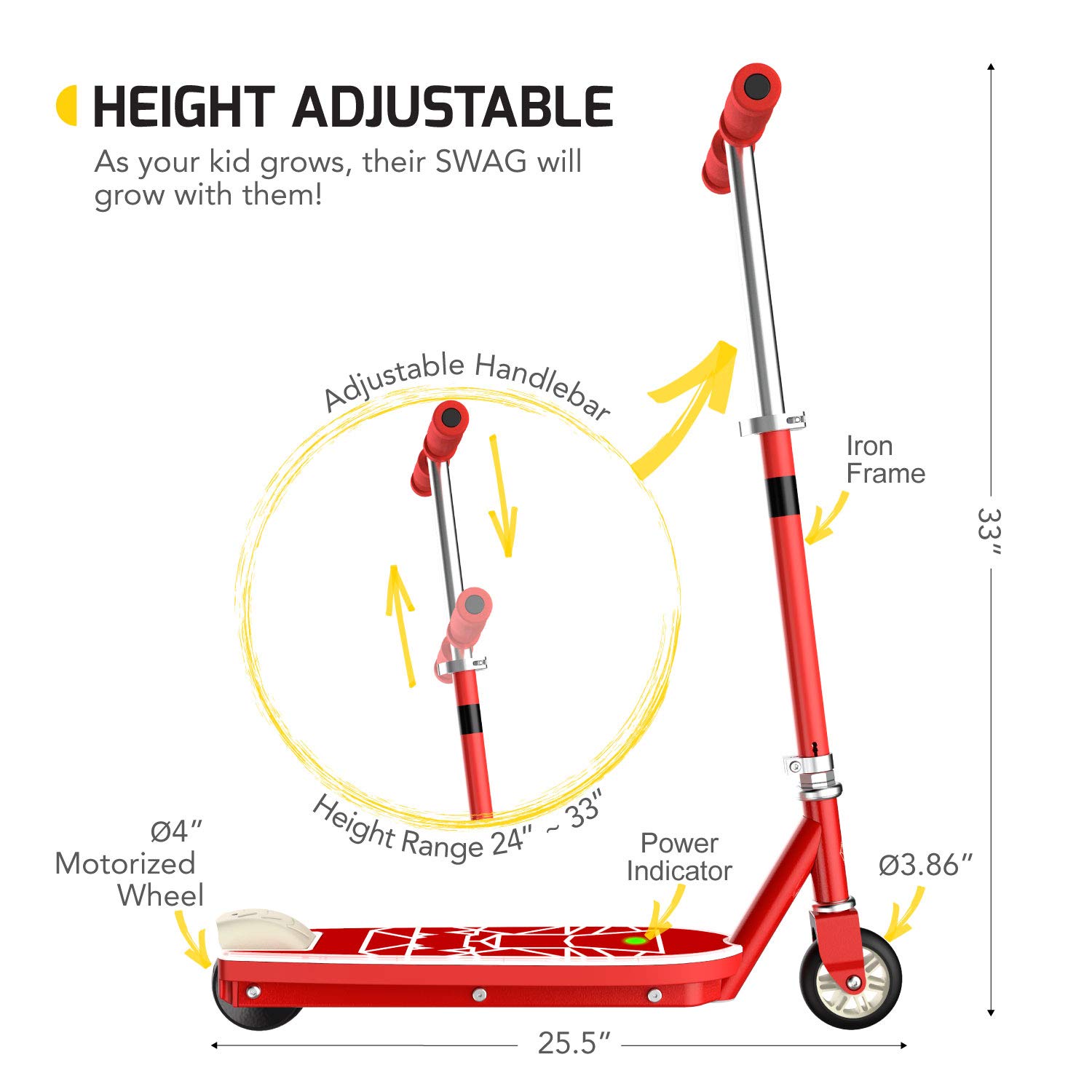 Swagtron SK1 Kick Start Electric Scooter for Kids with Extended Life Battery, ATSM Certified, Adjustable, Ages 5+, Firetruck Red